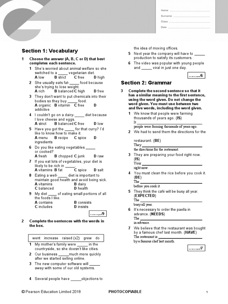B2 First Unit 5 Test: Section 1: Vocabulary | PDF | Restaurants | Foods