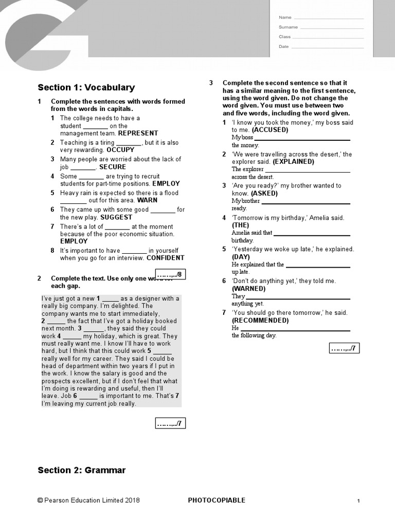 B2 First Unit 8 Test: Section 1: Vocabulary | PDF