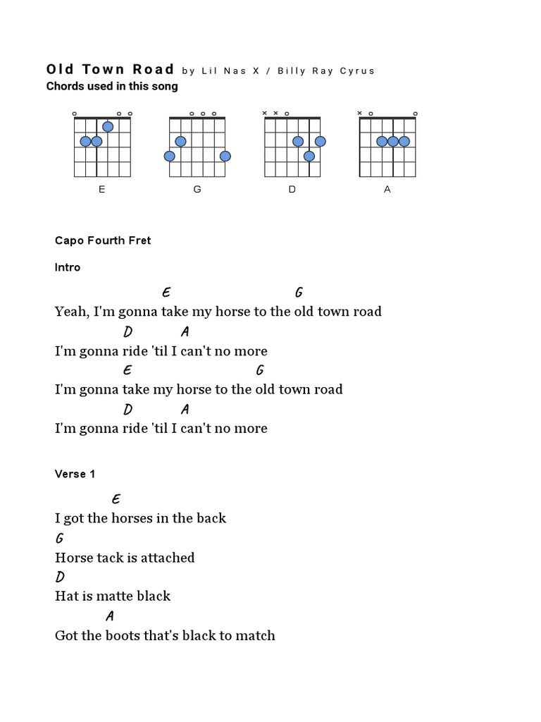 Old Town Road by Lil Nas X - Guitar Chords Including Words and Tab ...