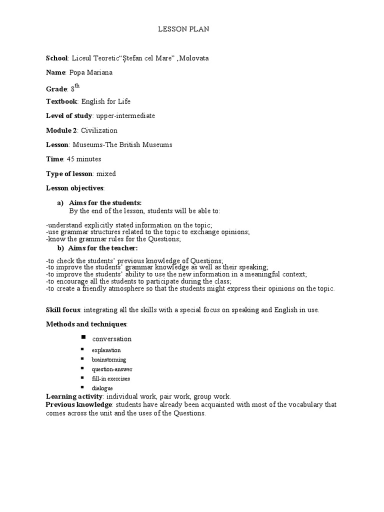 Lesson Plan 8th Grade, 17.11.2020 | PDF | Lesson Plan | Homework