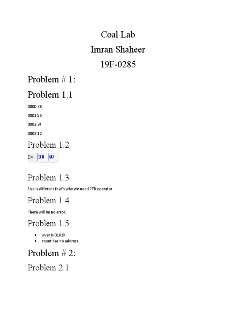 Coal Lab Imran Shaheer 19F-0285 Problem # 1: Problem 1.1 | PDF