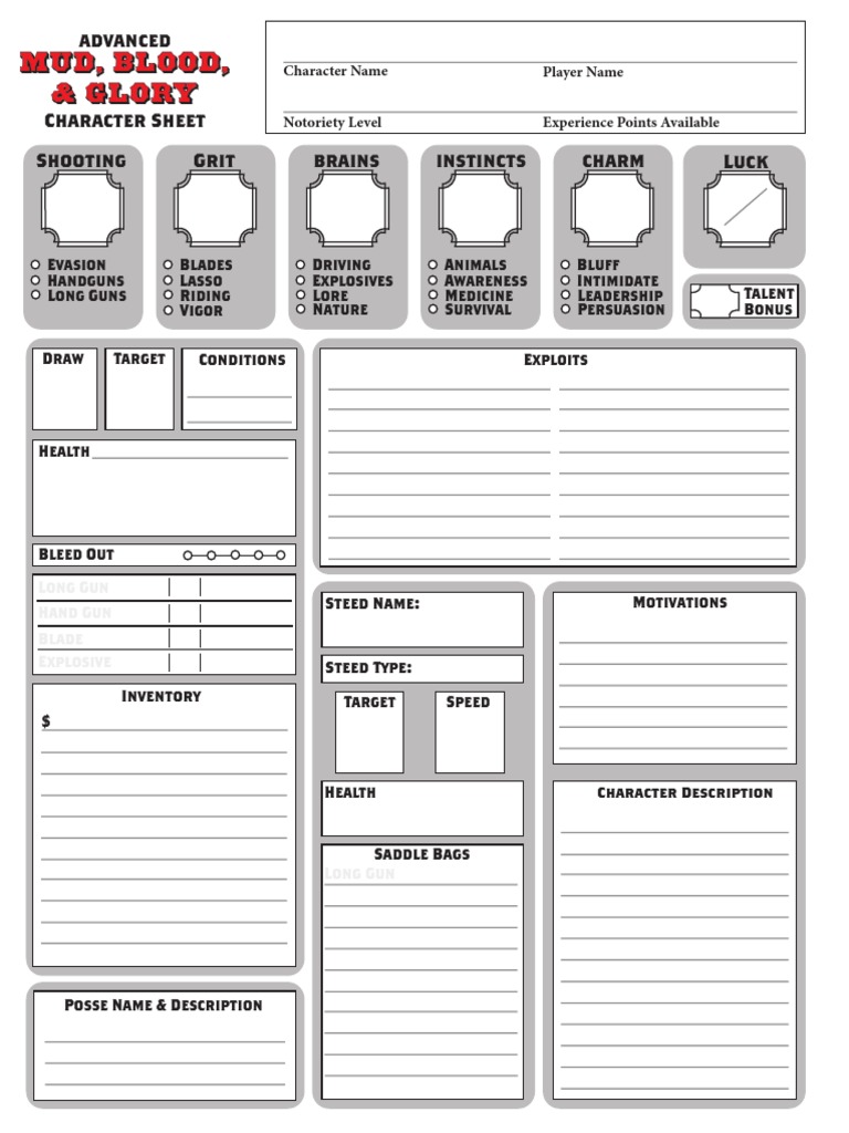 Character Sheet for Mud, Blood & Glory | PDF | Self-Improvement ...