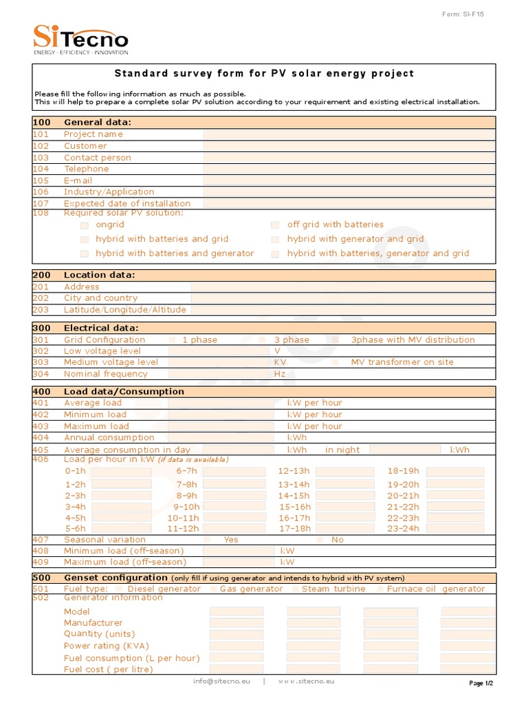 Standard Survey Form For PV Solar Energy Project: 100 General Data ...