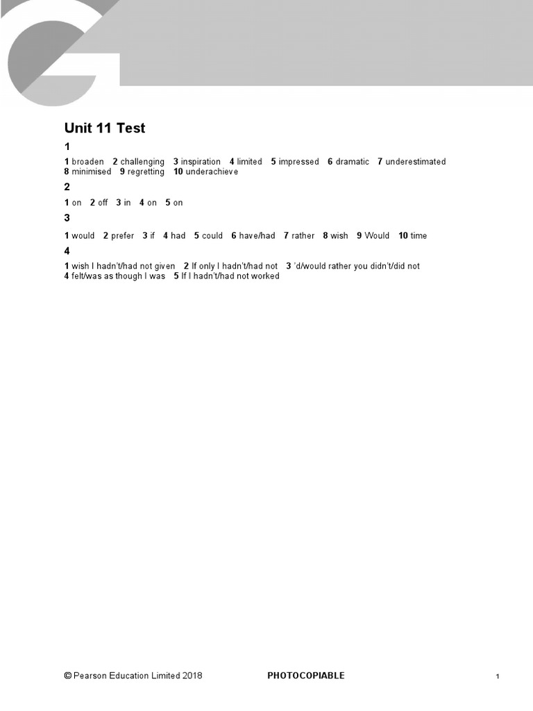 B2 First Tests Answer Key: Unit 11 Test | PDF