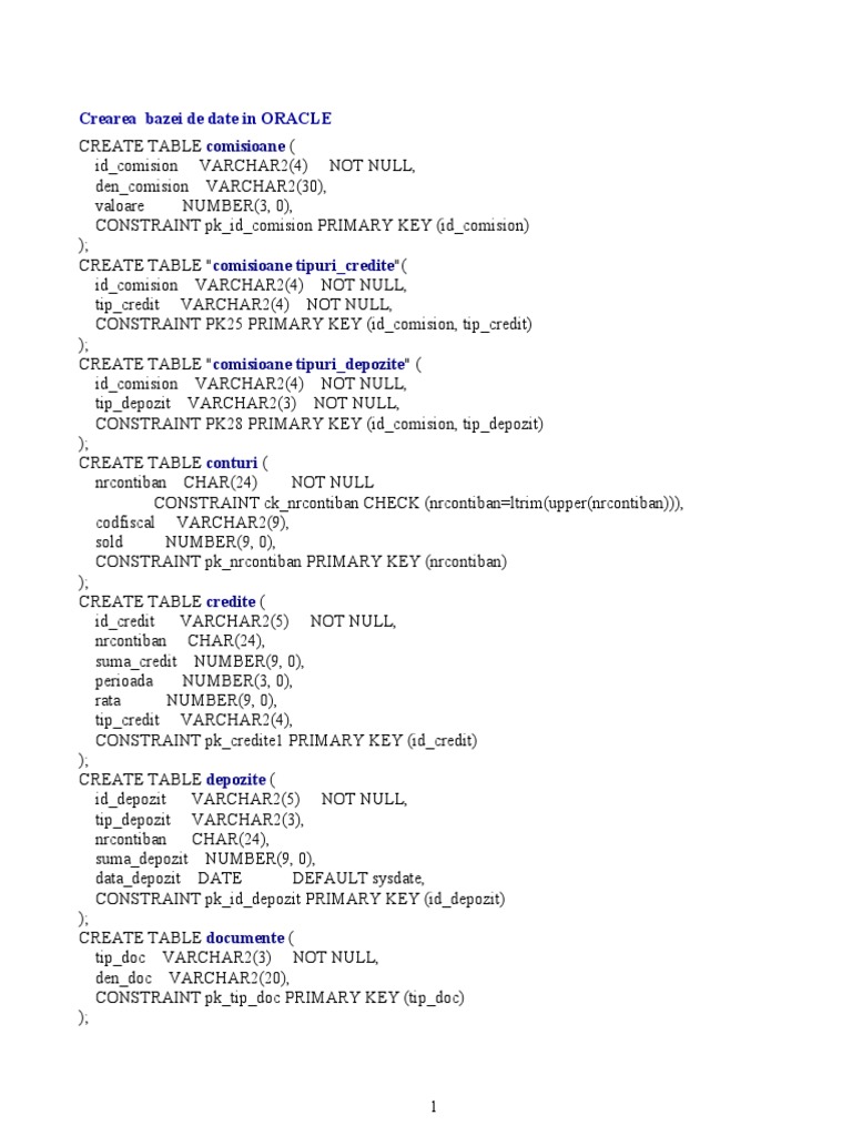 Creation of an Oracle database - documenting the creation of tables, views, sequences and ...