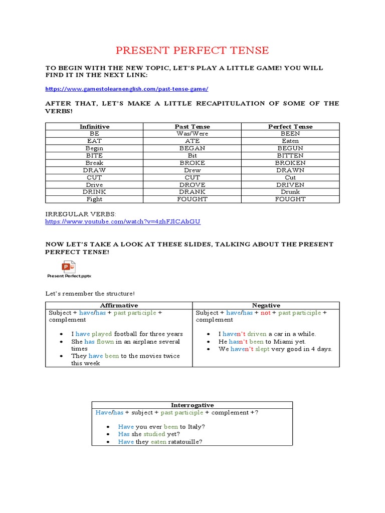 Present Perfect Tense: Have Has Have Has | PDF | Perfect (Grammar ...