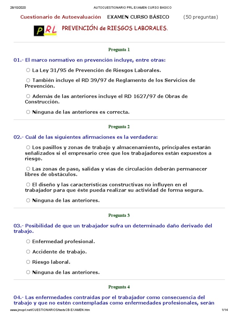 Examen Autocuestionario PRL Curso Basico | PDF | Seguridad y salud ocupacional | Evaluación