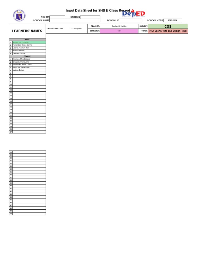Input Data Sheet For SHS E-Class Record: Learners' Names | PDF