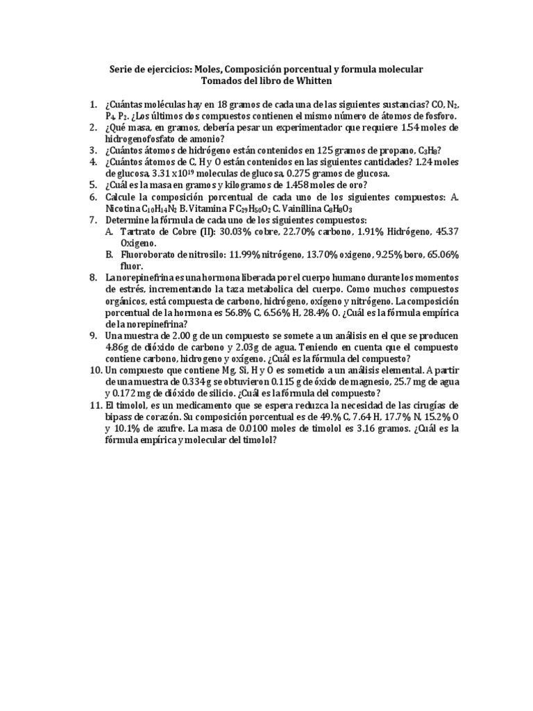 Ejercicios Moles, Composición Porcentual y Formula Molecular | PDF