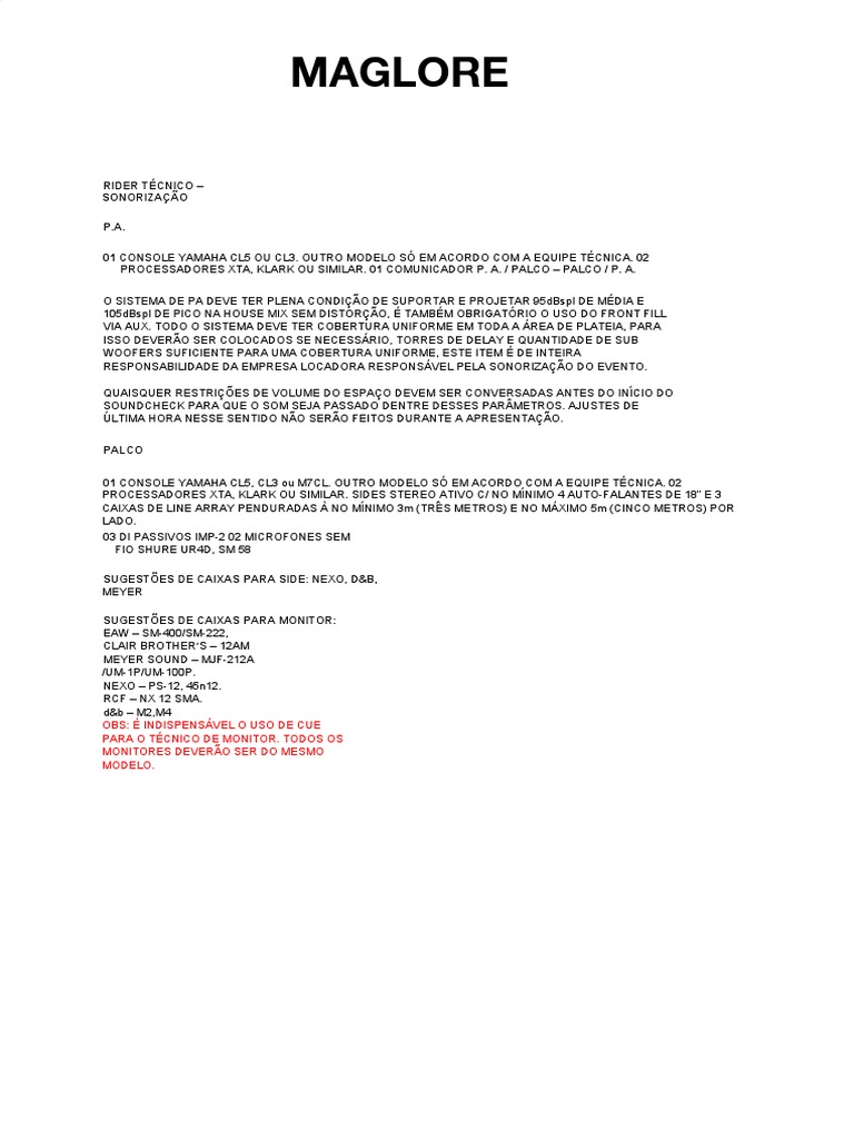 Maglore - Show 10 Anos - Com Metais - Rider Técnico - Sonorização PDF ...