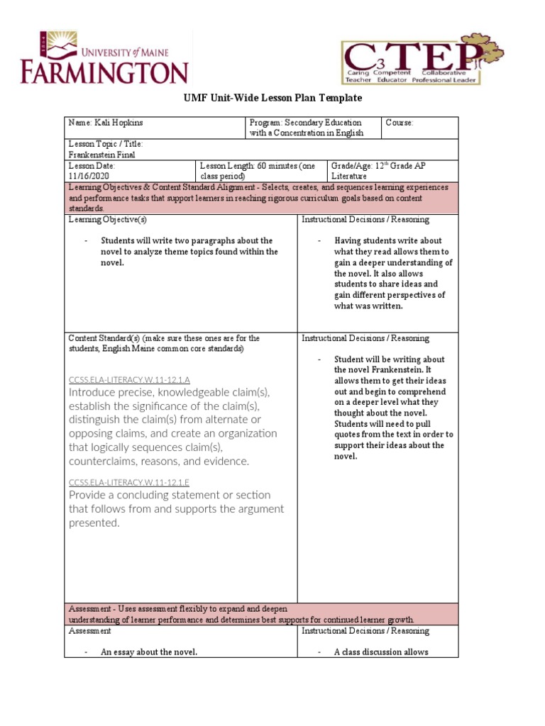 UMF Unit-Wide Lesson Plan Template: CCSS - ELA-LITERACY.W.11-12.1.A ...