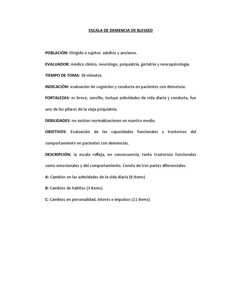Escala De Demencia De Blessed Pdf Comportamiento Las Emociones