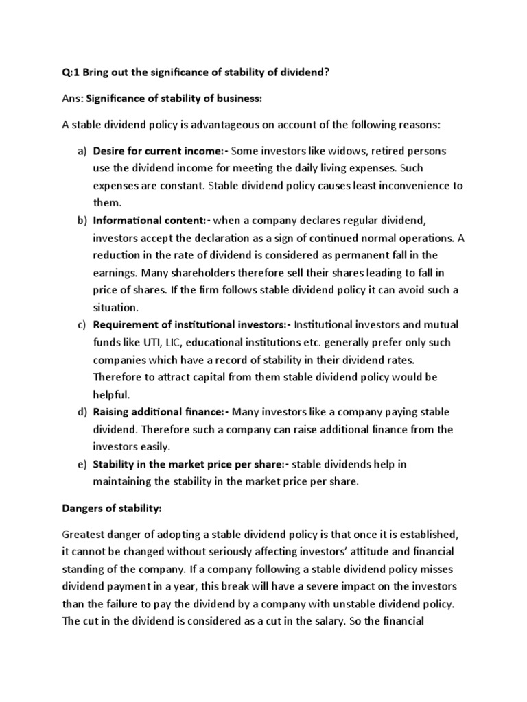 Q:1 Bring Out The Significance of Stability of Dividend? | PDF ...