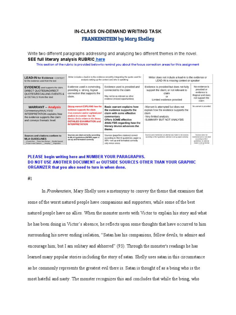 Colin Edwards - In-Class On-Demand Writing Task Frankenstein Analysis ...