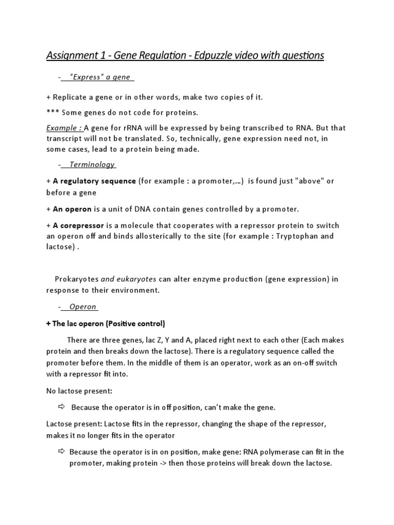Assignment 1 - Gene Regulation - Edpuzzle Video With Questions | PDF | Operon | Repressor