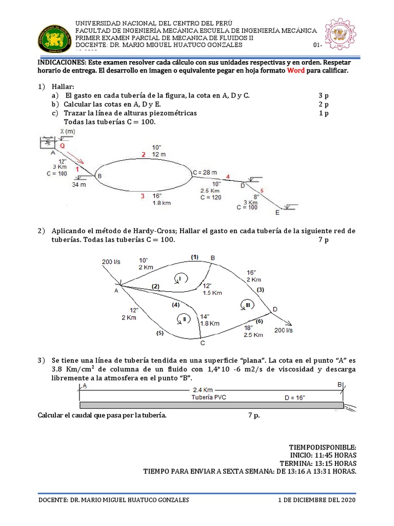 Primer Parcial de Mecanica de Fluidos Ii | PDF
