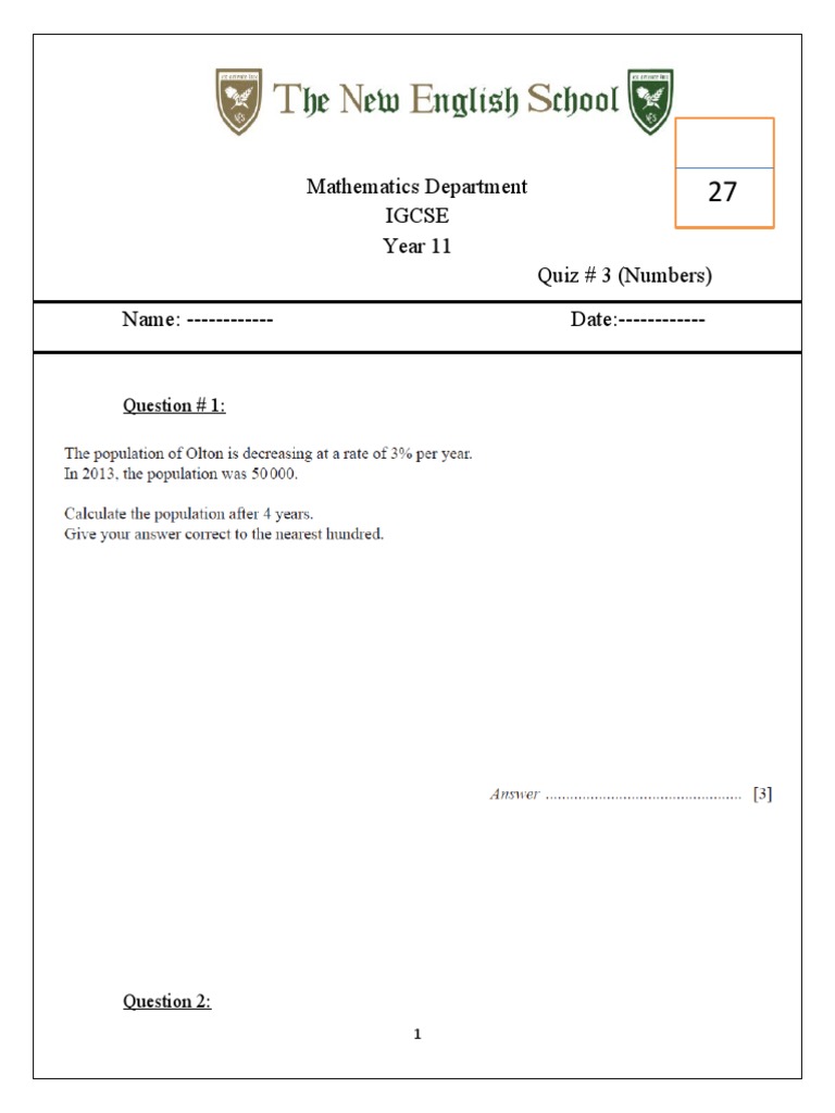 IGCSE Year 11 Math Quiz #3 | PDF | Teaching Methods & Materials