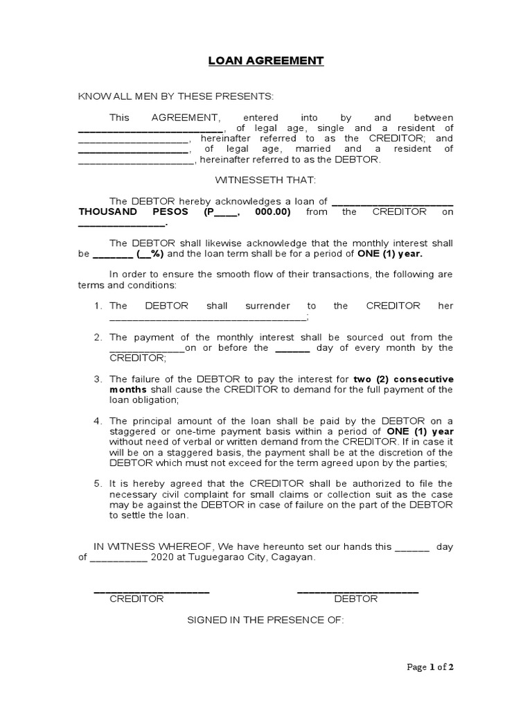 Sample Contract of Loan | PDF | Debtor | Loans