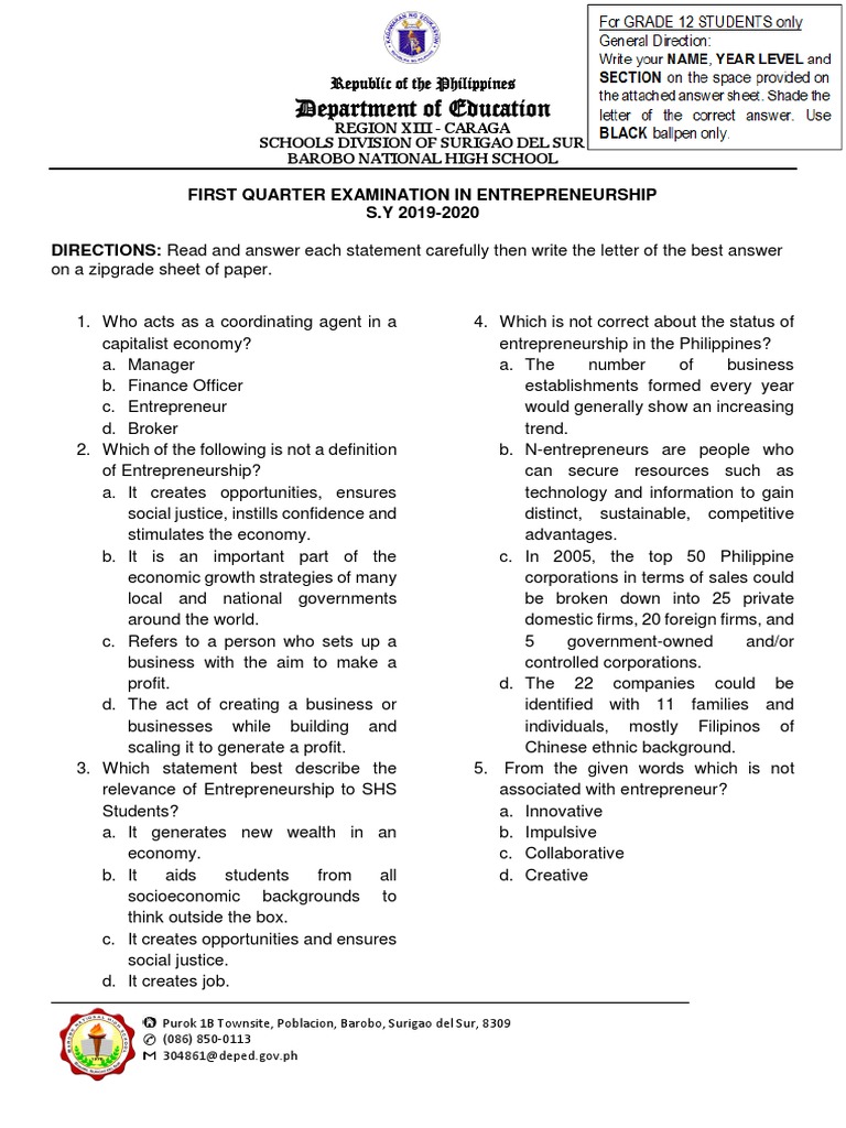 Grade 12 Entrepreneurship Exam Answers | PDF | Entrepreneurship | Business