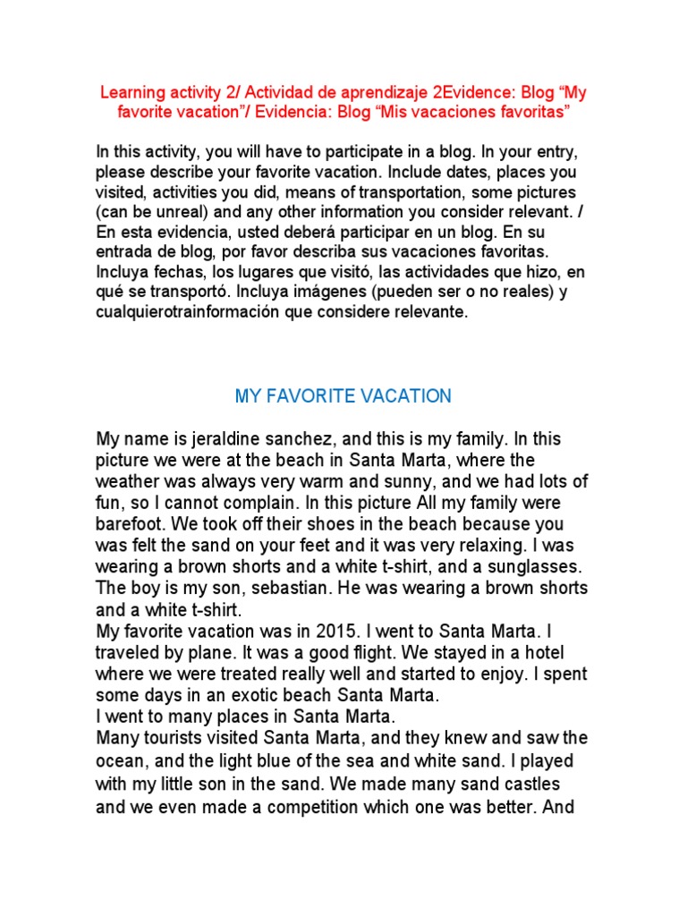 My Favorite Vacation Nivel 2 | PDF