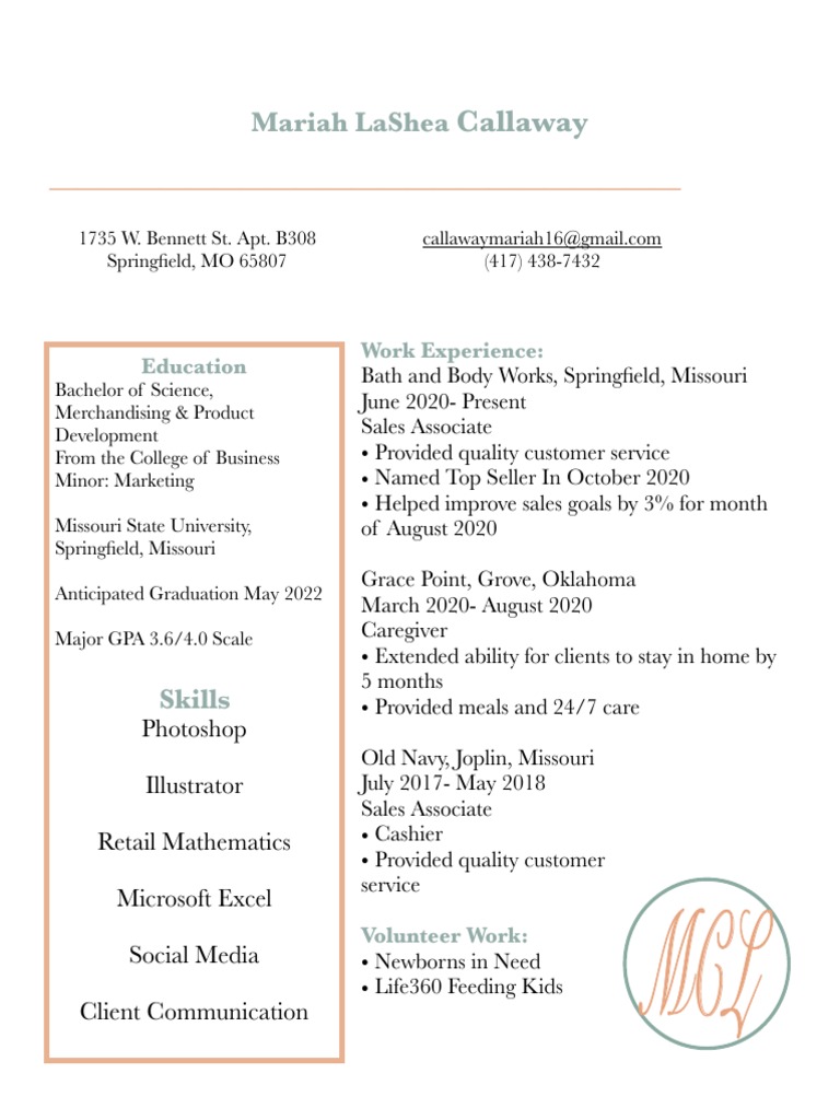 Mariah Callaway: Retail & Caregiver Resume | PDF