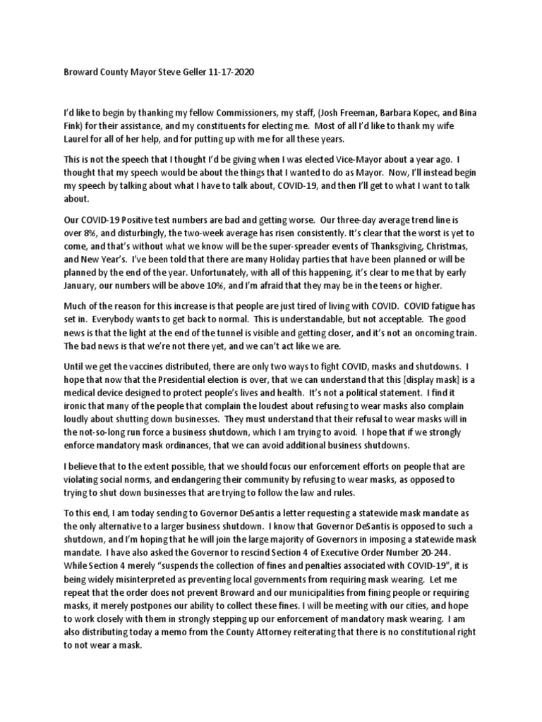 Broward Mayor Steve Geller Speech November 2020 | PDF | Electrician ...