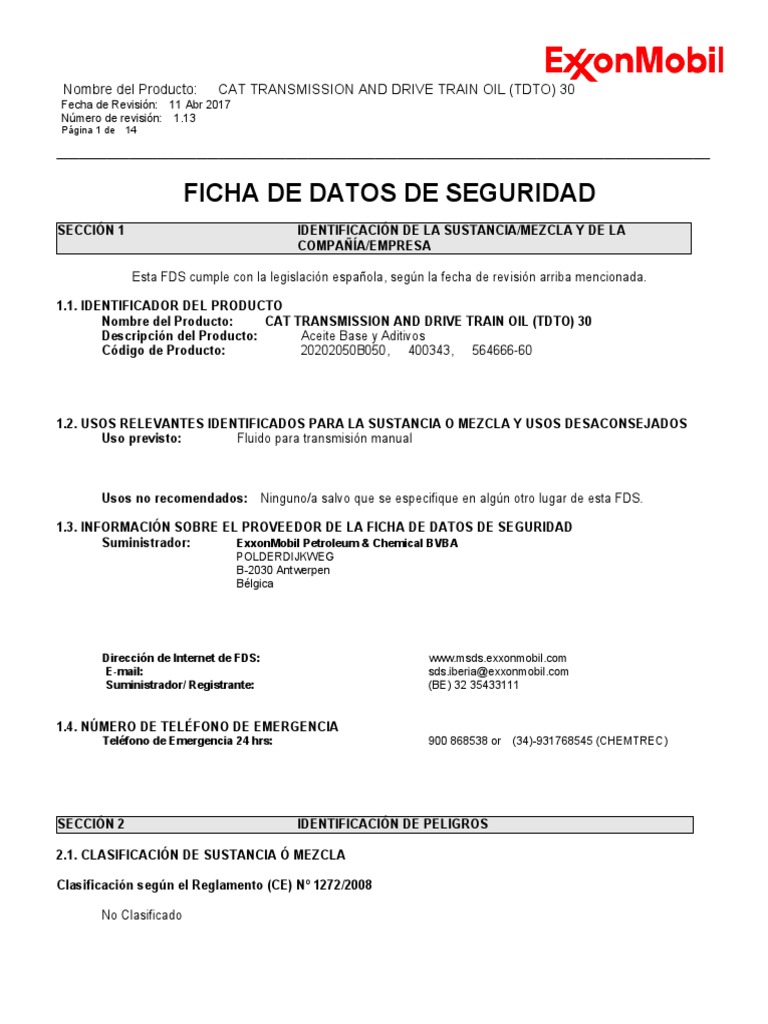 HDS Cat Transmission and Drive Train Oil (Tdto) 30 | PDF | Guante | Agua