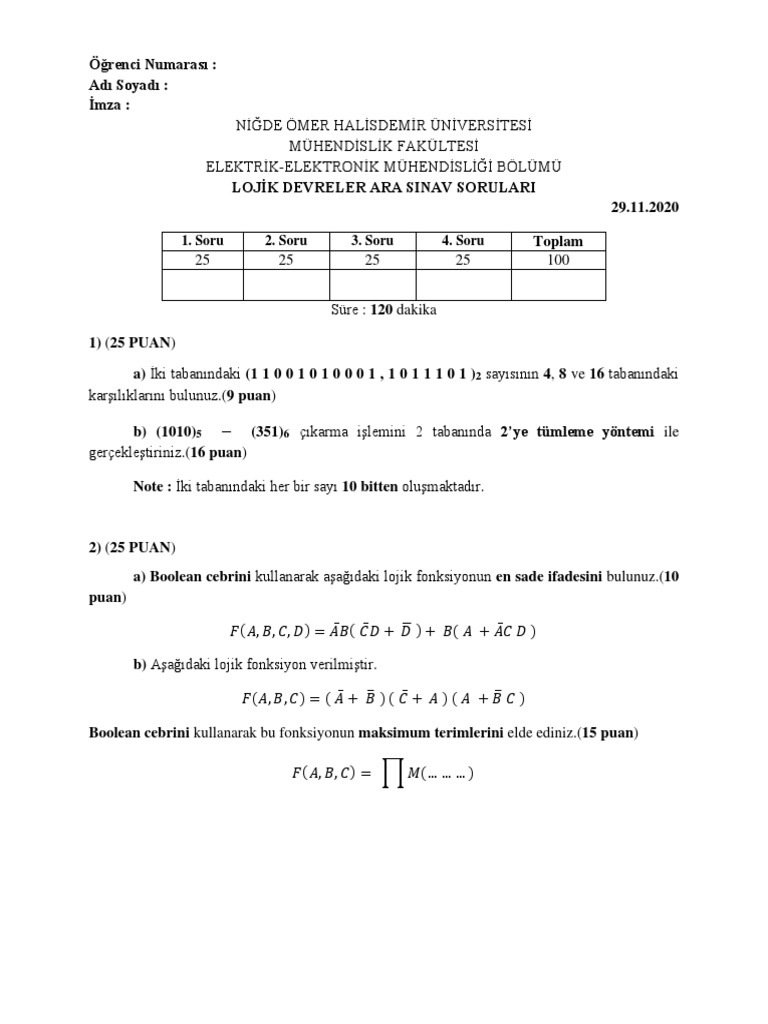 Lojik Devreler Ara Sınav Soruları - 29.11.2020-1 | PDF