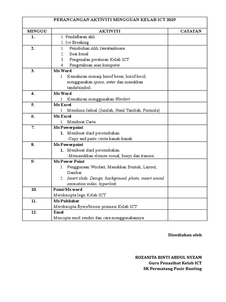 Perancangan Aktiviti Mingguan Kelab Ict | PDF