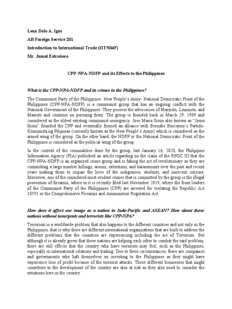 CPP-NPA-NDFP and Its Effects To The Philippines | PDF | Policy | Government