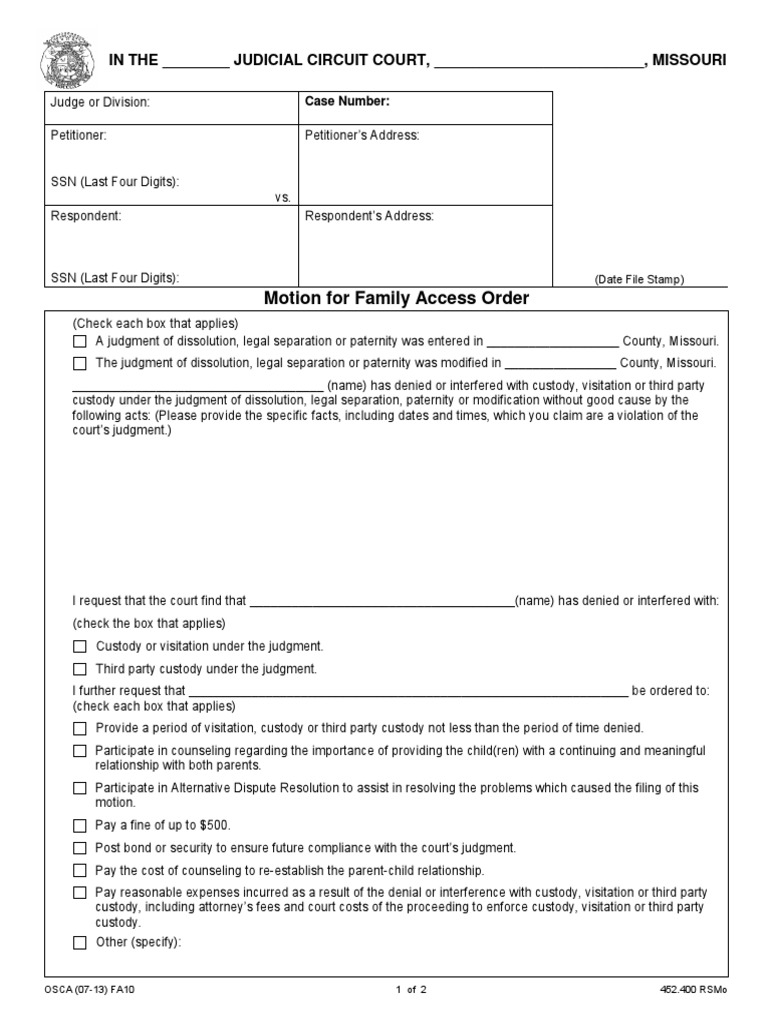FA 10 Motion For Family Access Order | Download Free PDF | Contact (Law ...