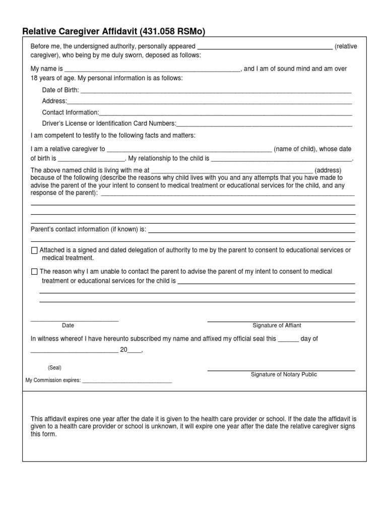 Relative Caregiver Affidavit Form | PDF | Affidavit | Common Law