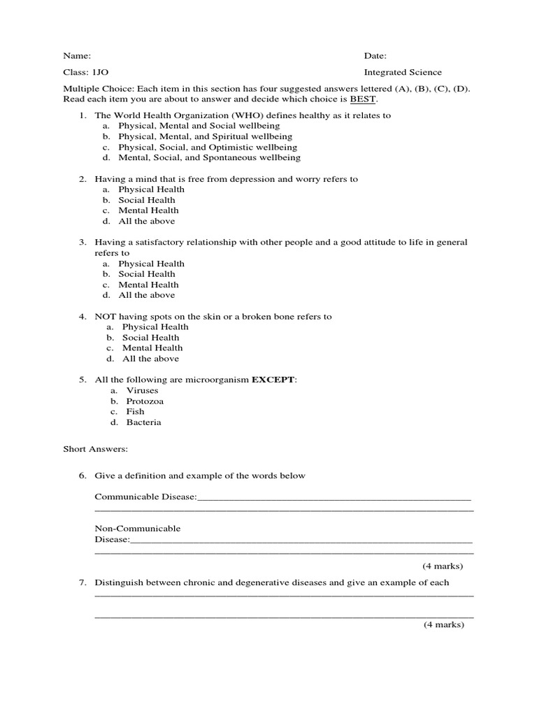 Disease and Health Quiz PDF | PDF | Infection | Health Sciences