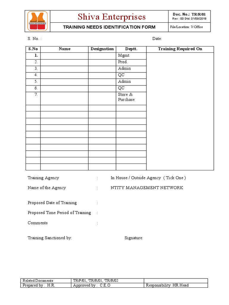 Shiva Enterprises: Training Needs Identification Form | PDF