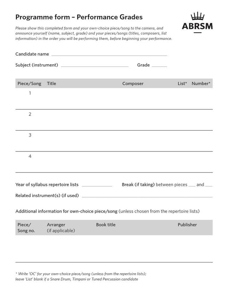 Performance Grade Programme Form Portrait | PDF