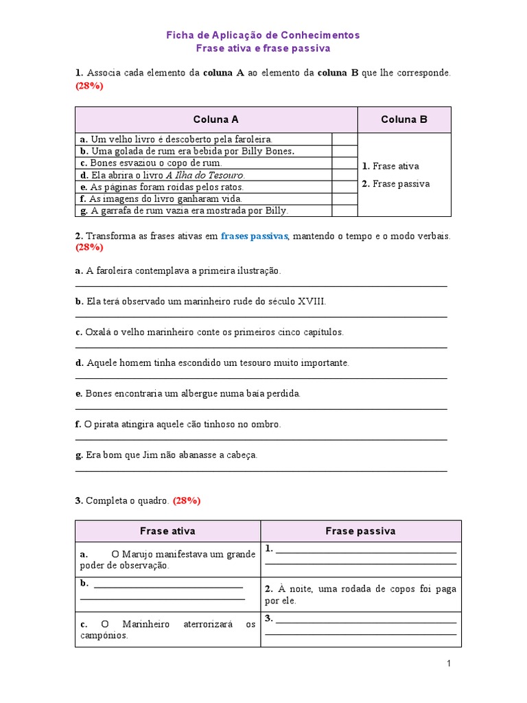 Ficha Trabalho Frase Ativa Passiva Soluções | PDF | Assunto (gramática ...