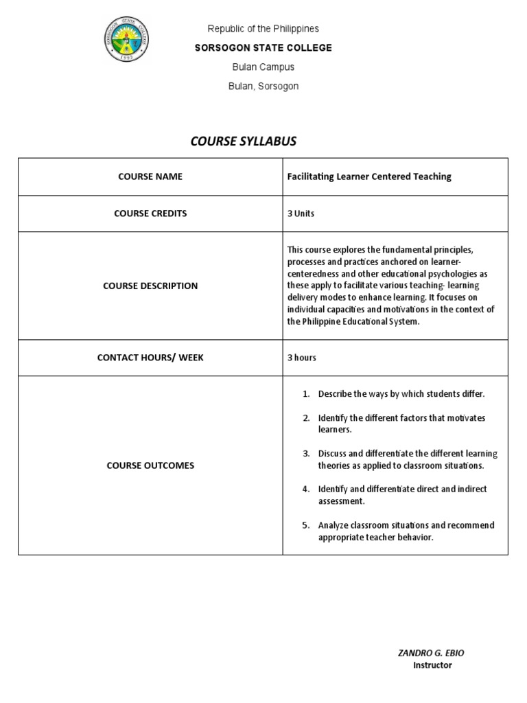 SYLLABUS (Facilitating Learner Centered Teaching) | PDF | Behaviorism ...