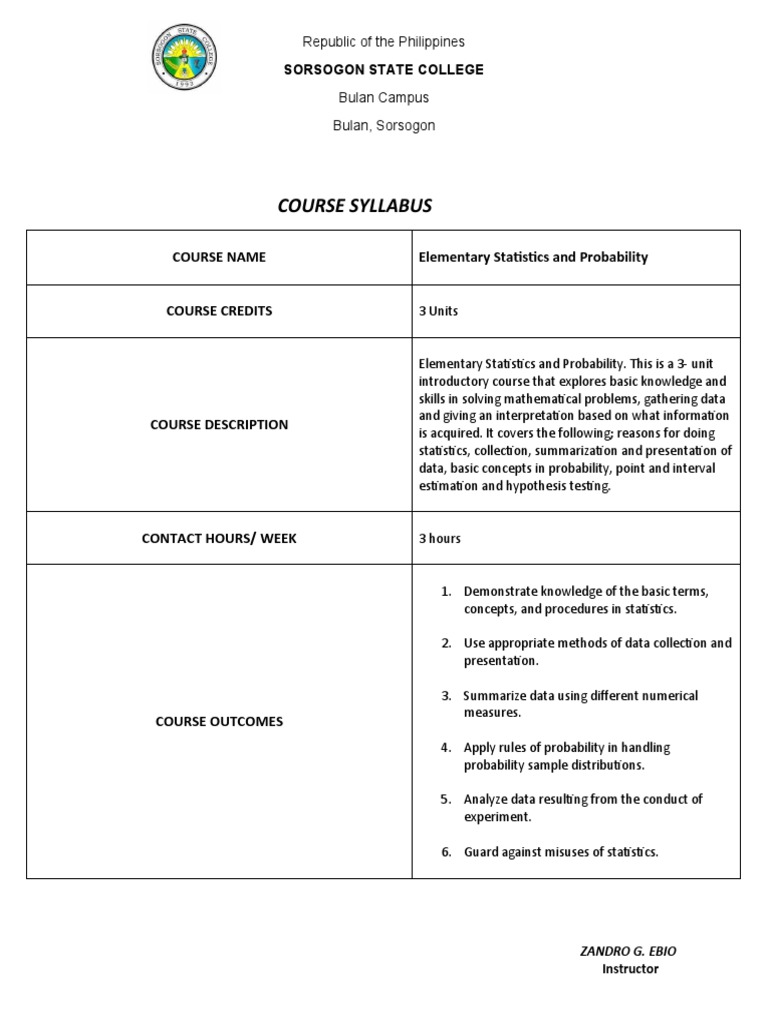SYLLABUS (Elementary Statistics and Probability) | PDF | Computers