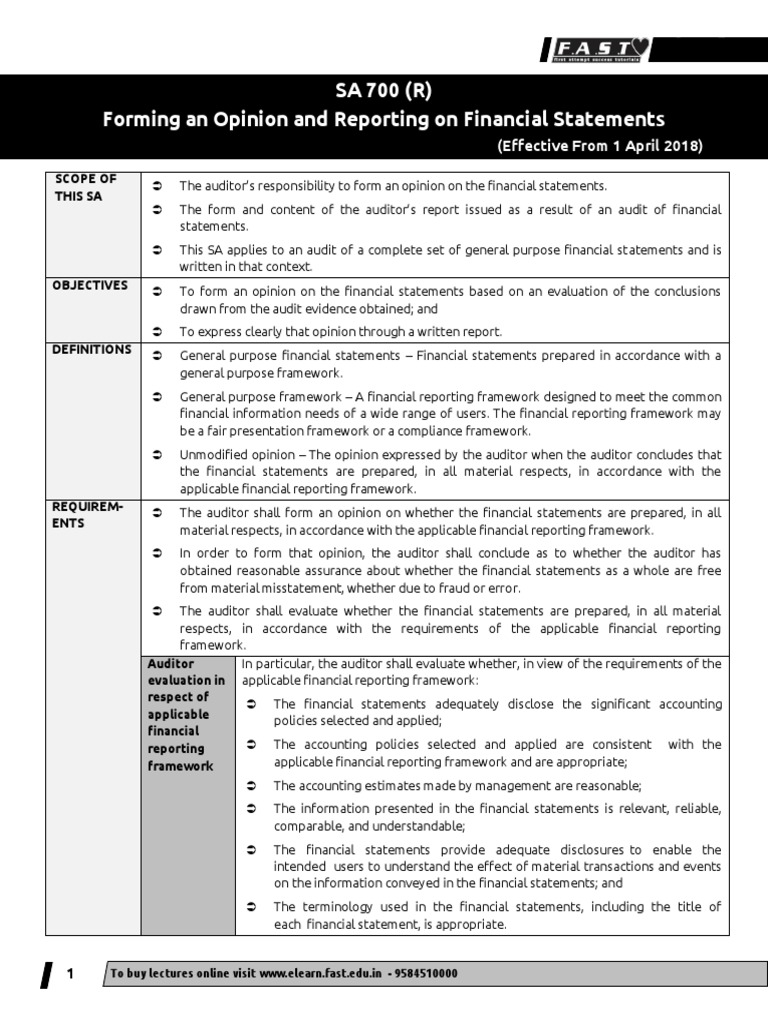 SA 700 (R) Forming An Opinion and Reporting On Financial Statements | PDF | Auditor's Report ...