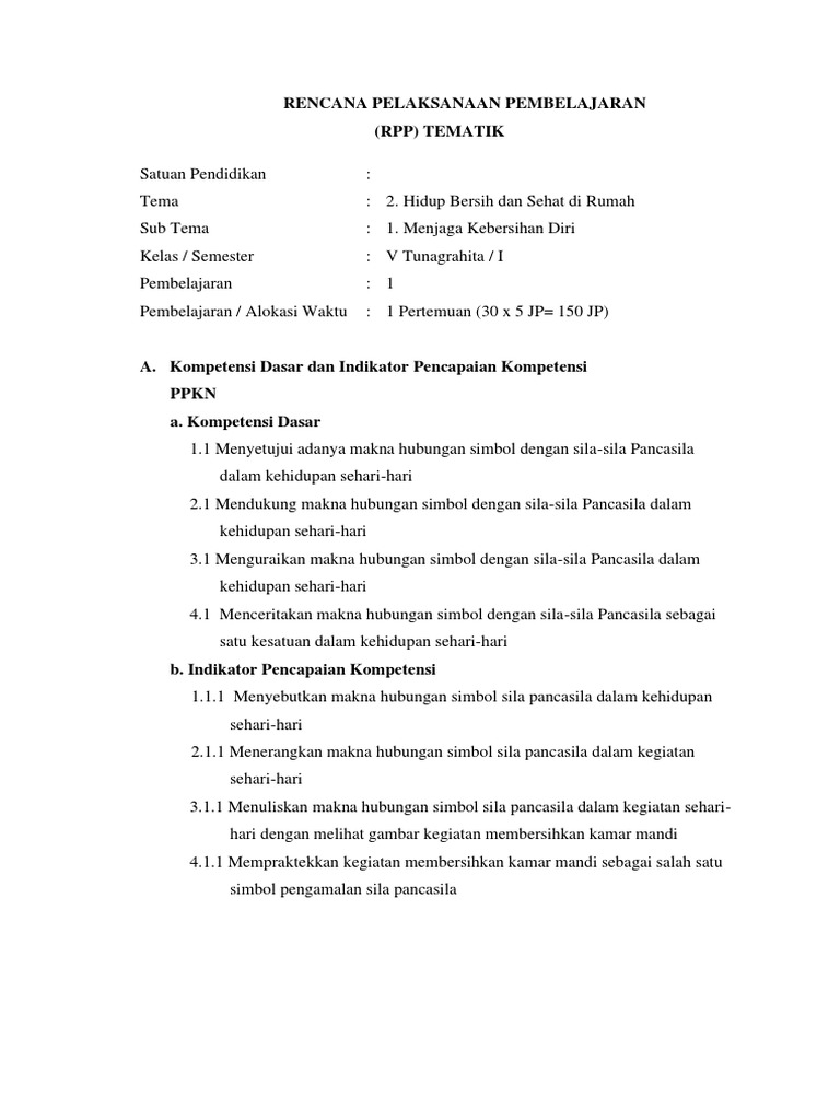 RPP Tema 2 Sub Tema 1 (PB 1) | PDF