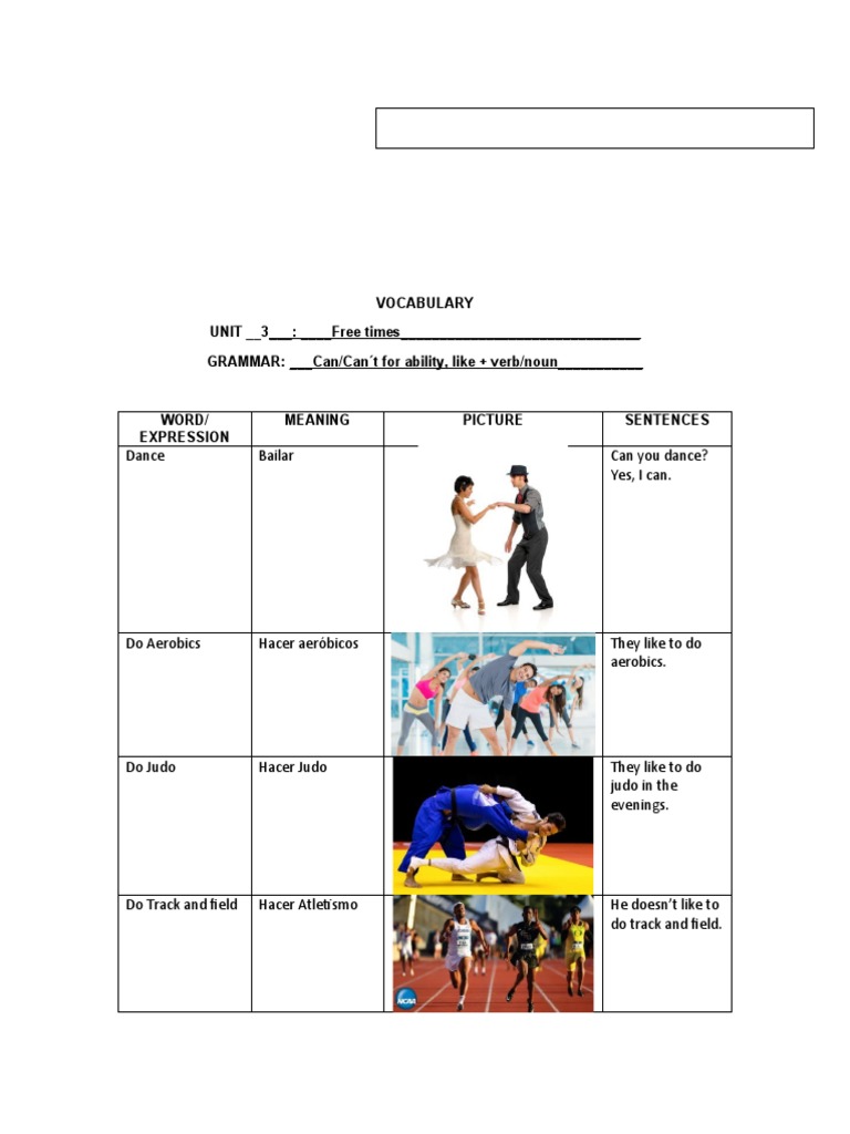Vocabulary UNIT - 3 - : - Free Times - GRAMMAR: - Can/Can T For Ability ...