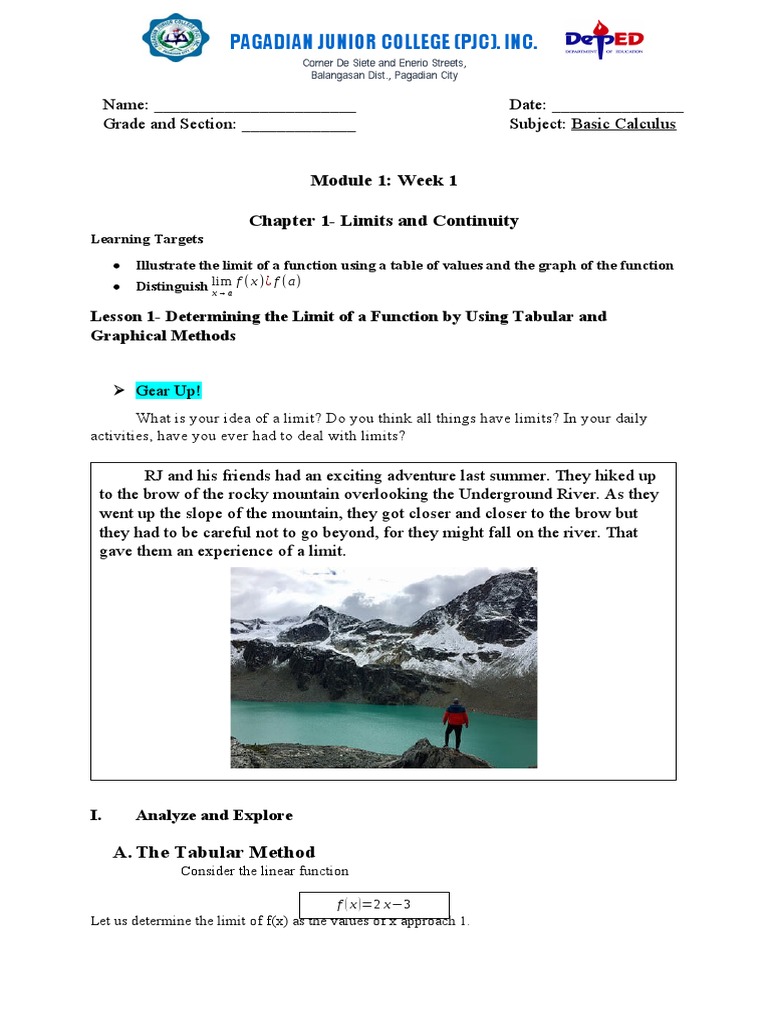 Pagadian Junior College (PJC), Inc.: Module 1: Week 1 Chapter 1-Limits and Continuity | PDF ...
