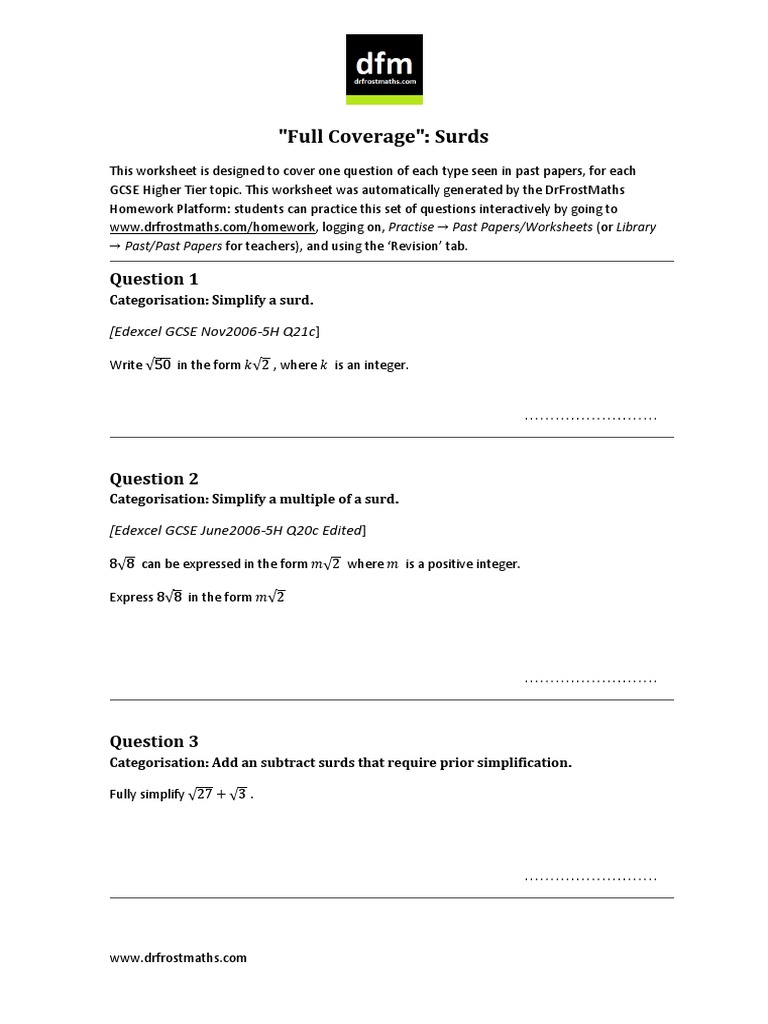 GCSE Surds Worksheet: Full Coverage | PDF | Fraction (Mathematics) | Area