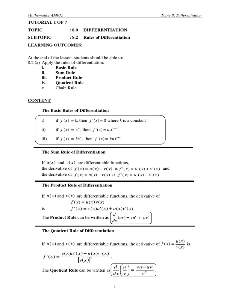 Tutorial Chapter 8 STD PDF | PDF | Derivative | Mathematical Relations