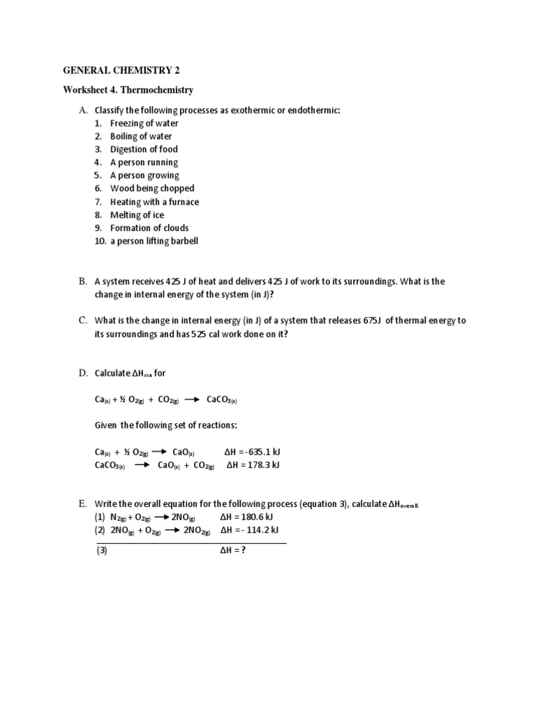 General Chemistry 2 Worksheet 4. Thermochemistry | PDF