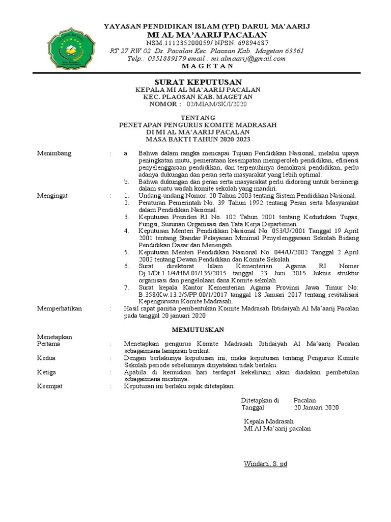 Contoh SK Komite Sekolah | PDF