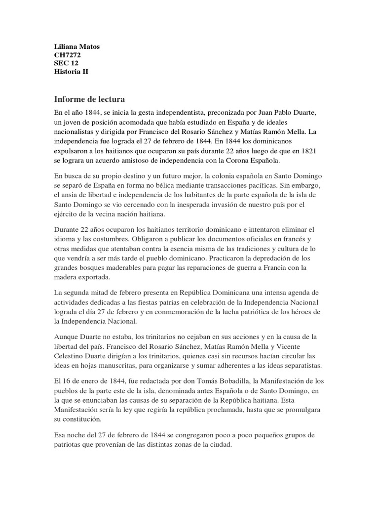 Independencia Informe de Lectura | PDF | República Dominicana | Haití