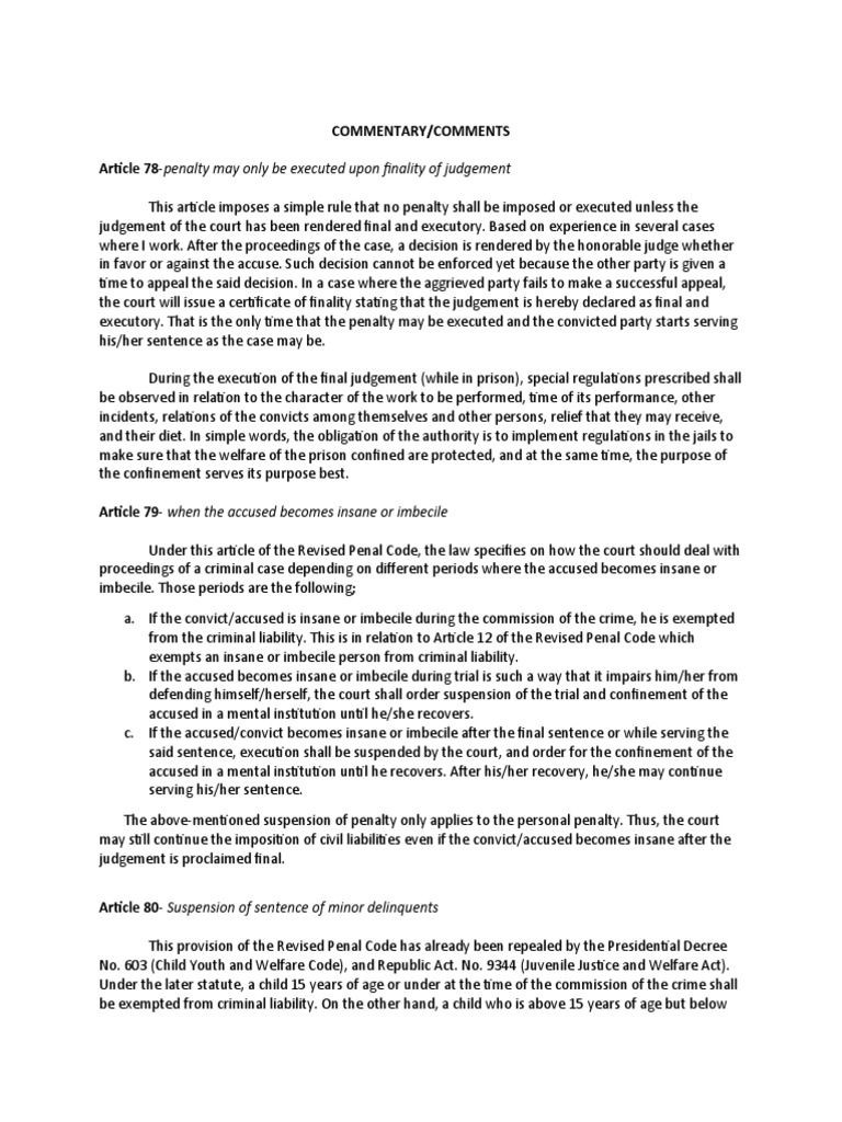 Article 78: Execution of Penalties Explained | PDF | Prison | Judgment ...