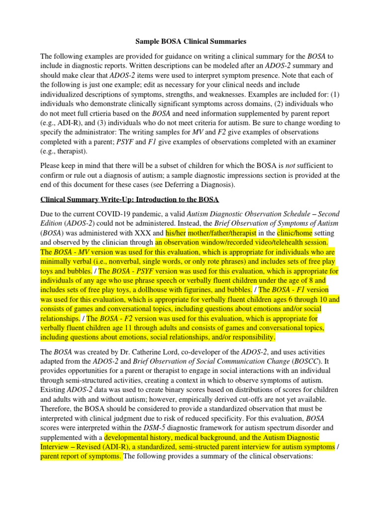BOSA Example Clinical Summaries | PDF | Autism Spectrum | Clinical Psychology