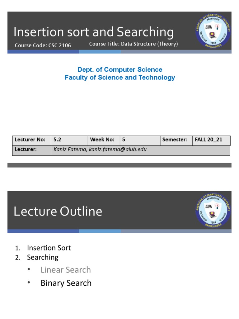 Insertion Sort, Searching Algorithms and Analysis | PDF | Array Data Structure | Theoretical ...